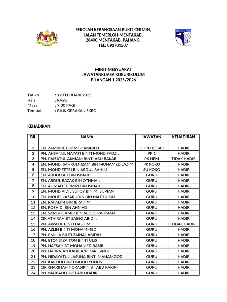 Minit Mesy Kokurikulum Bil 1 20252026 | PDF