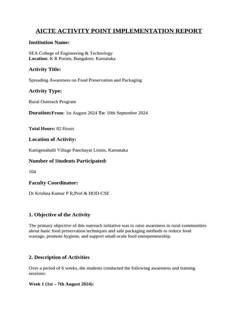 Aicte Activity Point Implementation Report On Foor Preservation and Packing | PDF | Food ...