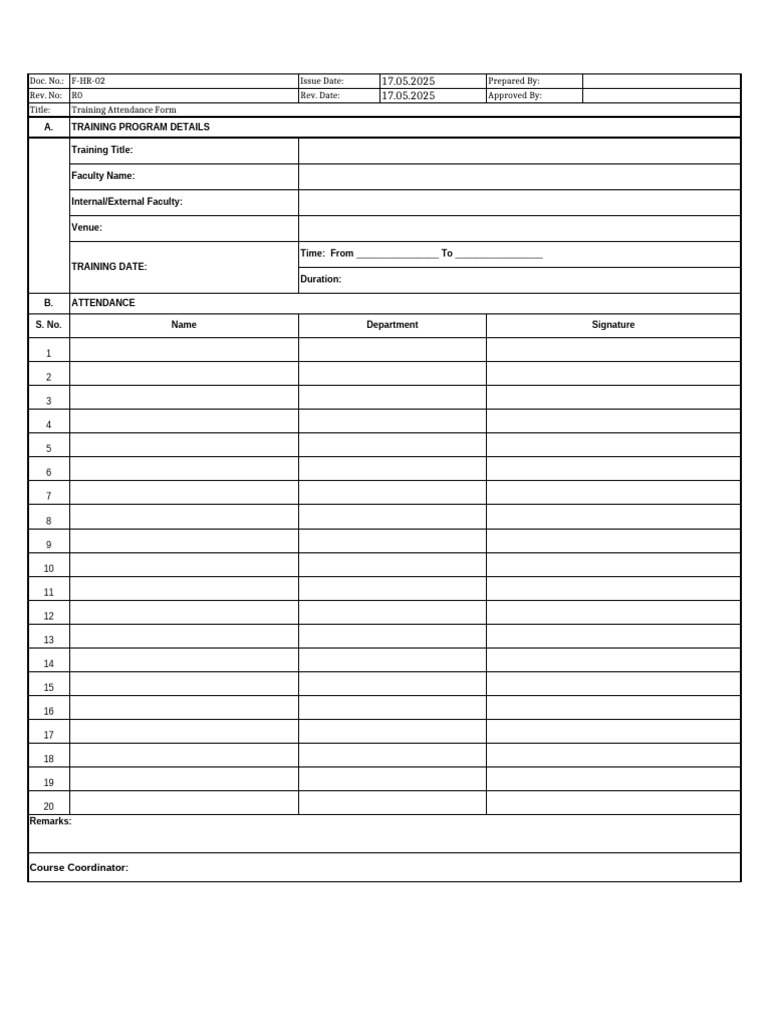 F-HR-02 Training Attendance Form | PDF