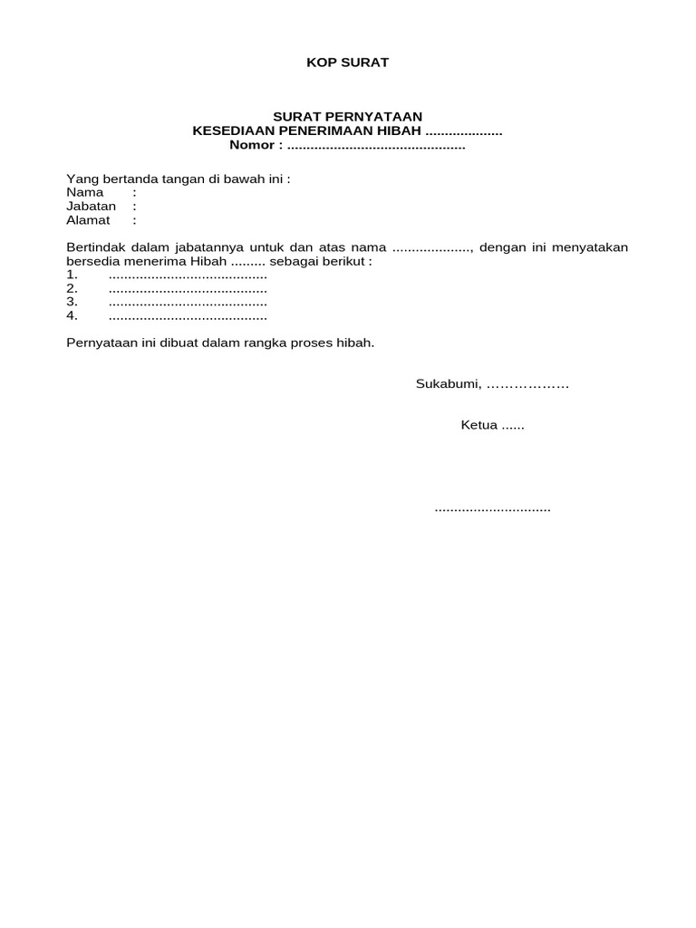 Format Surat Pernyataan Kesediaan Menerima Hibah | PDF