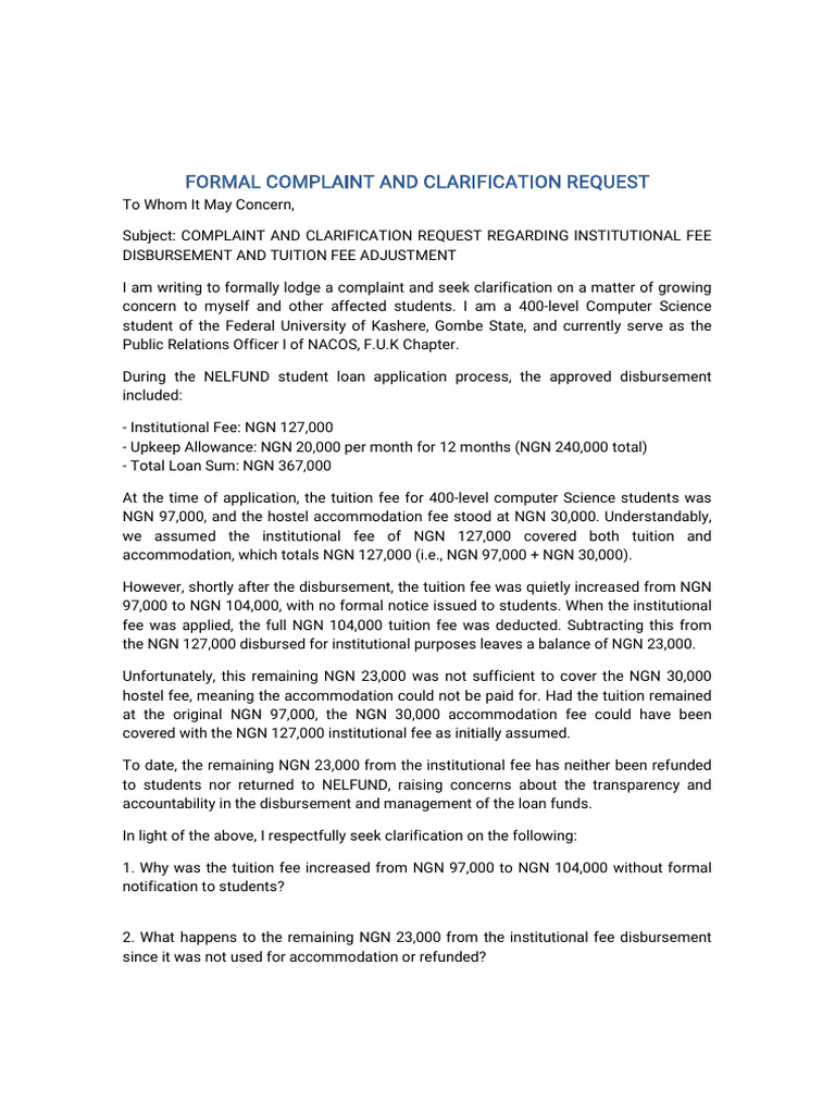 Formal Complaint and Clarification Request | PDF