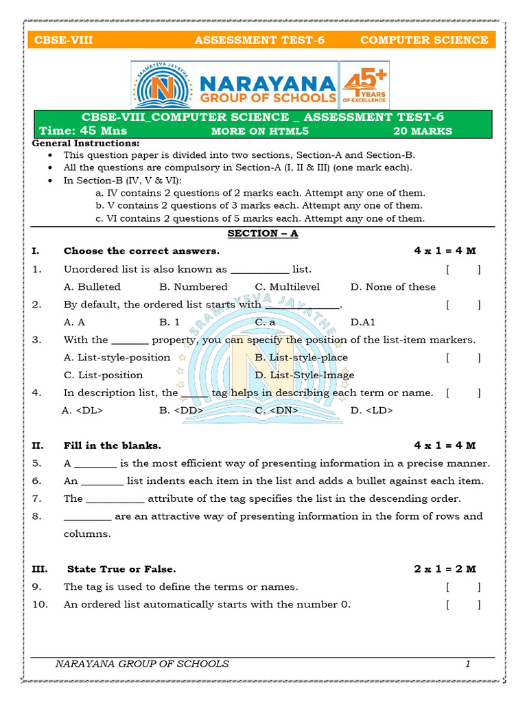 Cbse Viii Computer Science-Assessment Test-6 QP | PDF | Computing