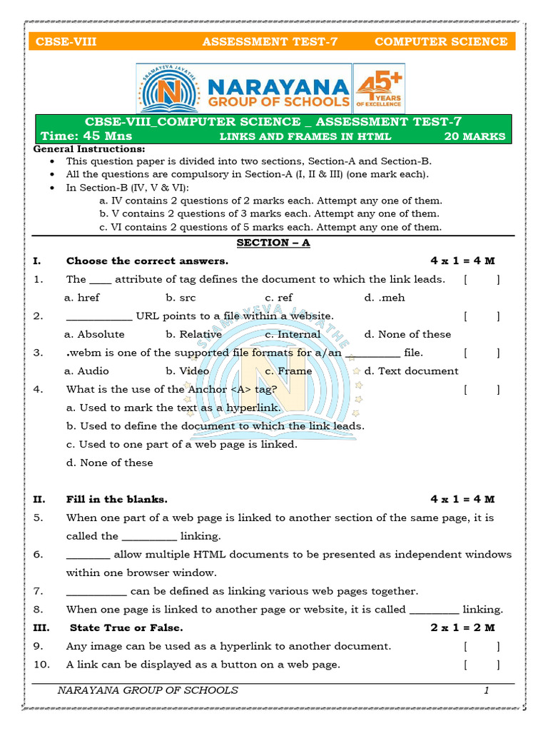 Cbse Viii Computer Science-Assessment Test-7 QP | PDF | Hyperlink ...