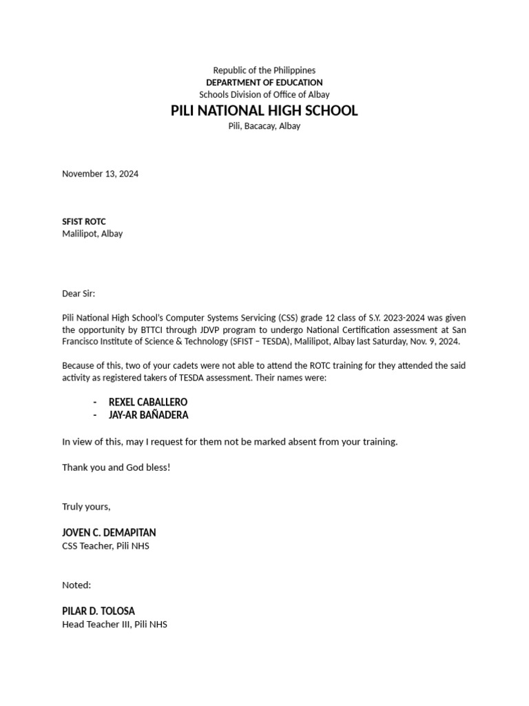 Sample Excuse Letter To ROTC | PDF