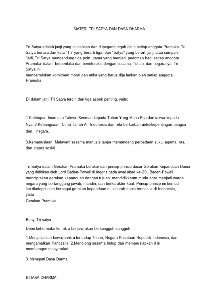 Materi Tri Satya Dan Dasa Dharma | PDF