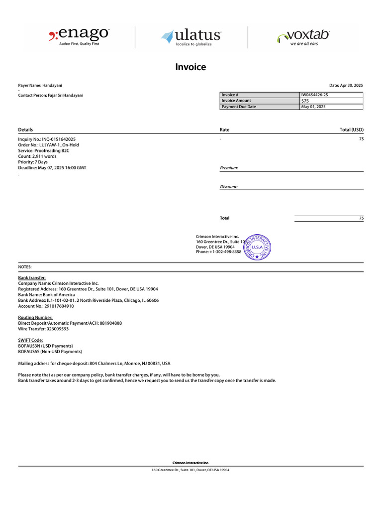 Invoice for Crimson Interactive Inc. | PDF | Wire Transfer | Payments