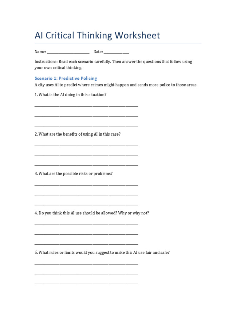 AI Critical Thinking Worksheet | PDF