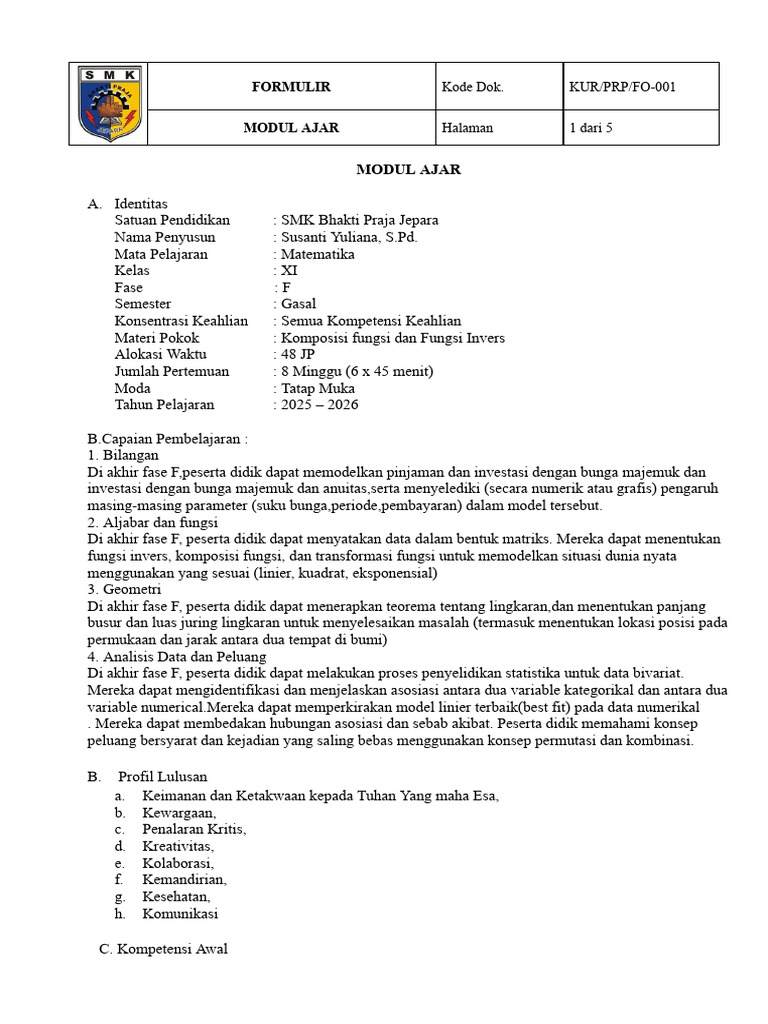 FO 1_ Modul Ajar Komposisi dan Fungsi invers.doc | PDF