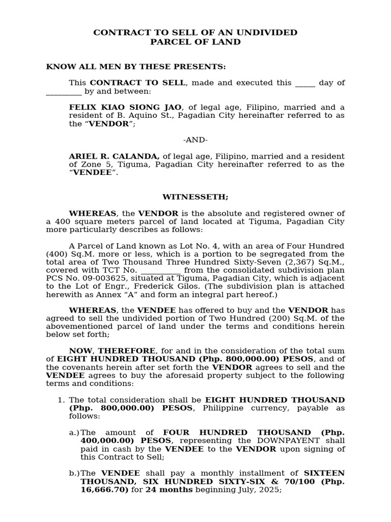 Contract To Sell Undivided Portion of Land | PDF | Taxes | Payments