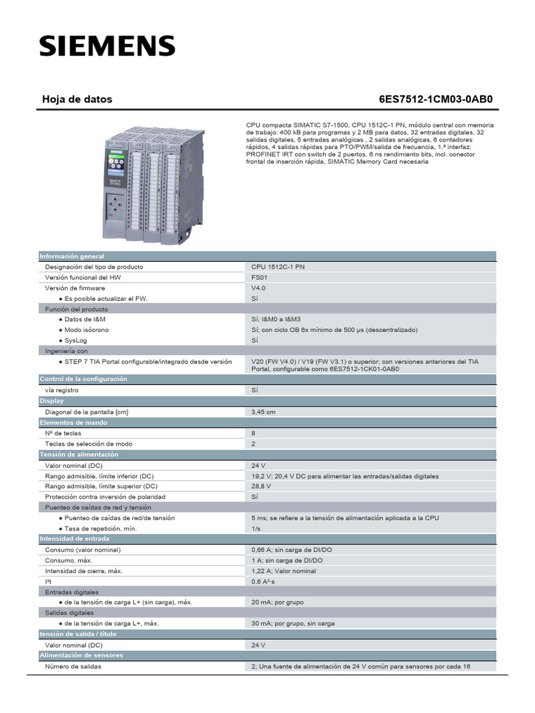 Hoja de datos CPU 1512C-1 PN | PDF | Resistor | Ingenieria Eléctrica