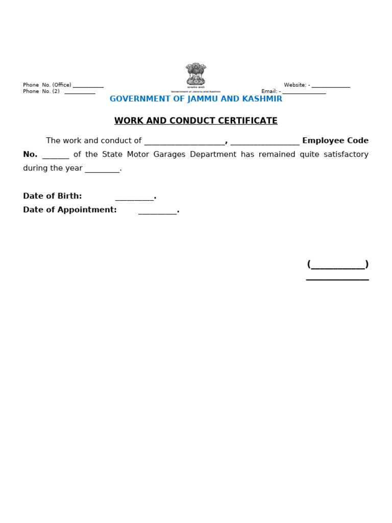 Jammu and Kashmir Work Certificate Template | PDF