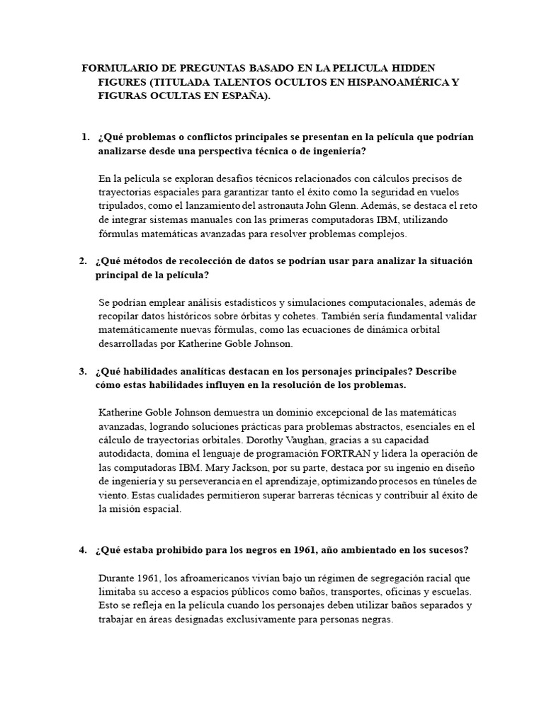 Formulario de Preguntas Basado en La Pelicula Hidden Figures | PDF