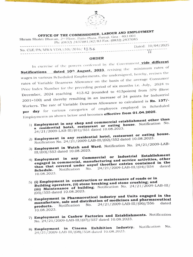 Minimum Wages Goa | PDF