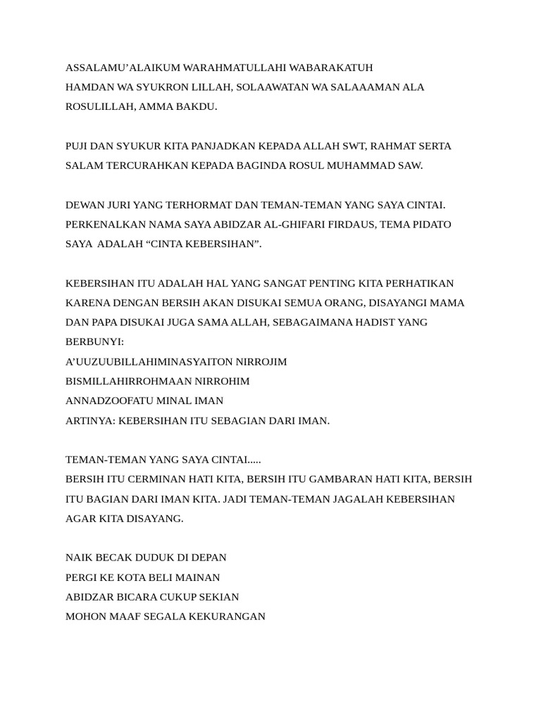 Pidato tentang kebersihan anak TK | PDF