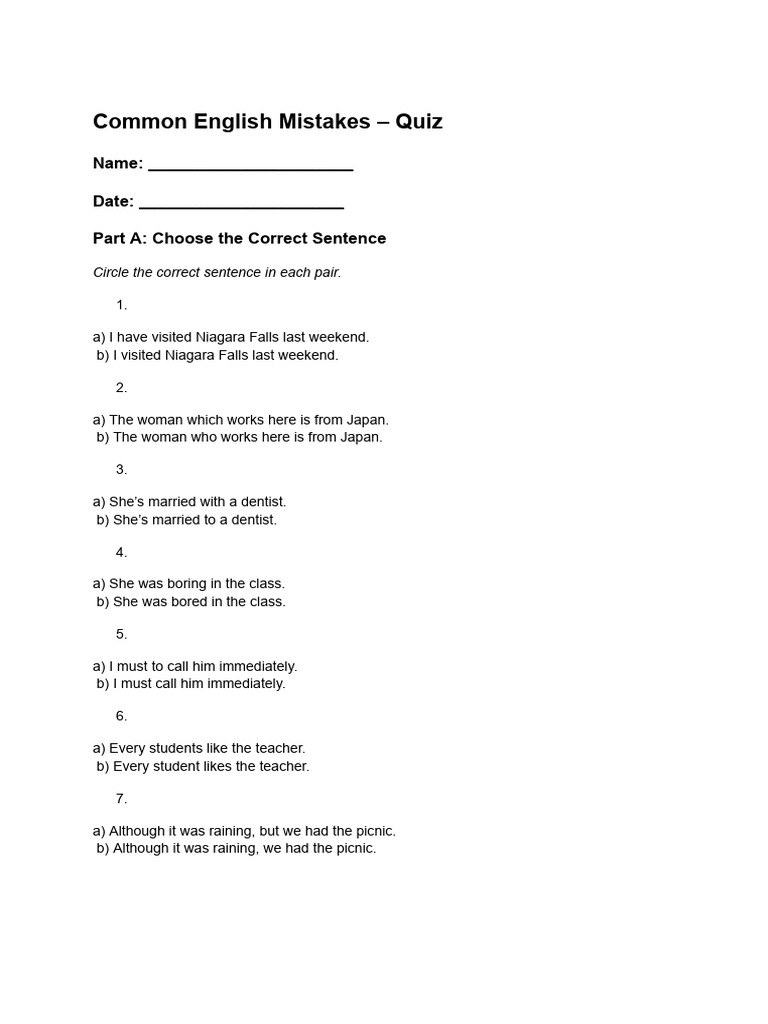Common English Mistakes - Quiz | PDF
