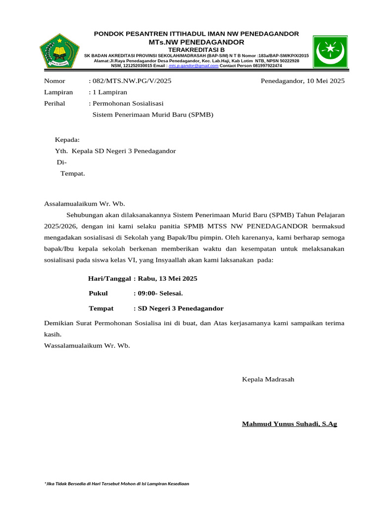 Sosialisasi SPMB MTs NW Penedagandor | PDF