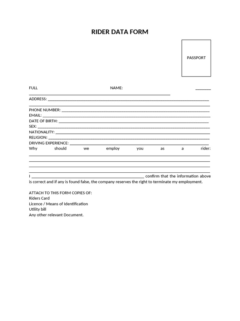 Rider Data Form | PDF