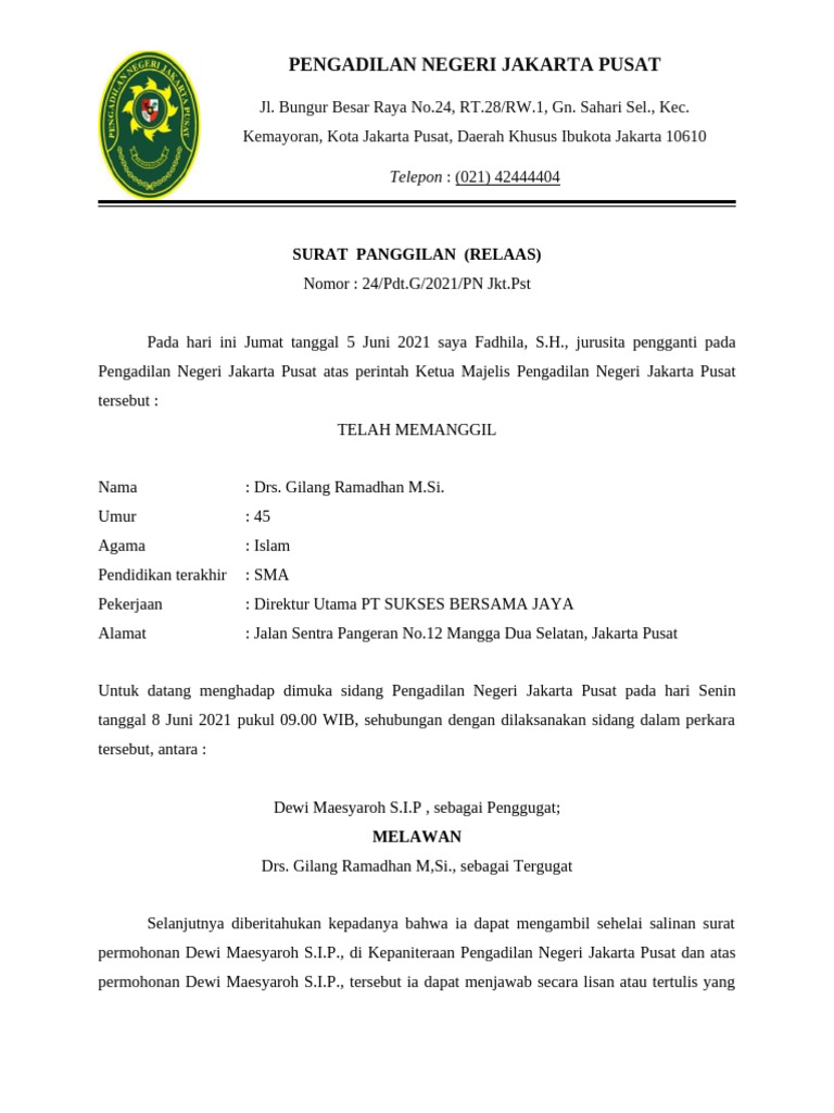 Surat Panggilan Sidang | PDF