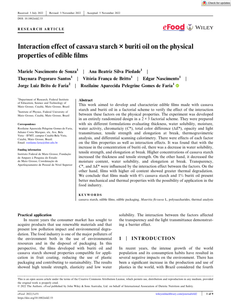 Efood - 2022 - Souza - Interaction Effect of Cassava Starch Buriti Oil On The Physical ...