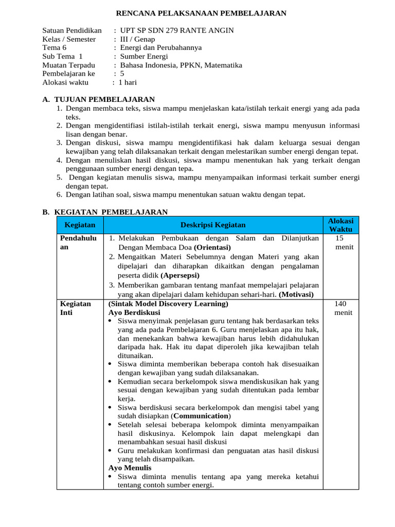 RPP Tugas Praktek 6 | PDF