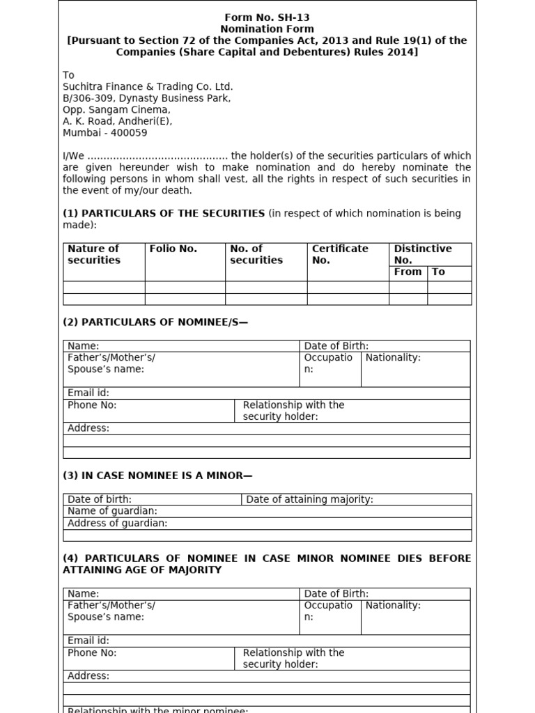 SH-13 Nomination Form for Securities | PDF