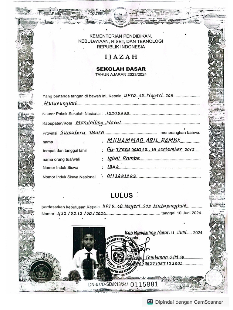 Ijazah SD Muhammad Aril Rambe | PDF