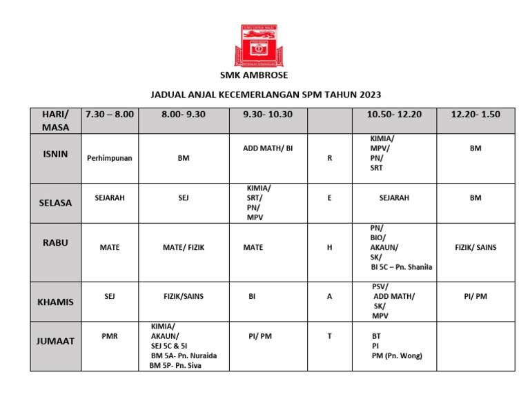 Jadual Anjal T5 M3 | PDF