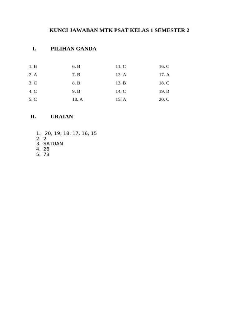 Kunci Jawaban Mtk Psat Kelas 1 Semester 1 | PDF