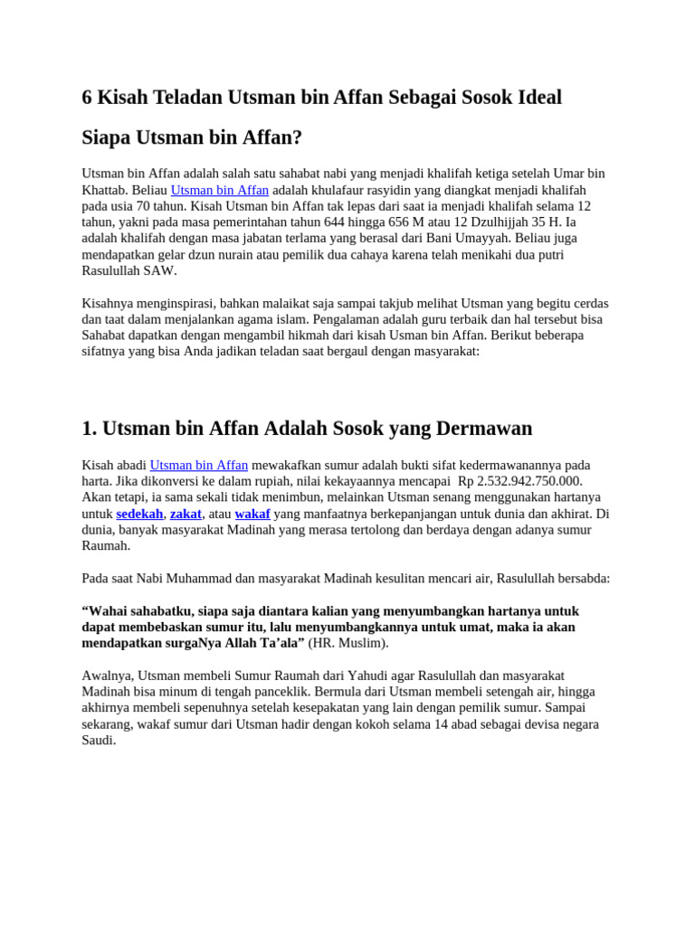 6 Kisah Teladan Utsman Bin Affan Sebagai Sosok Ideal | PDF