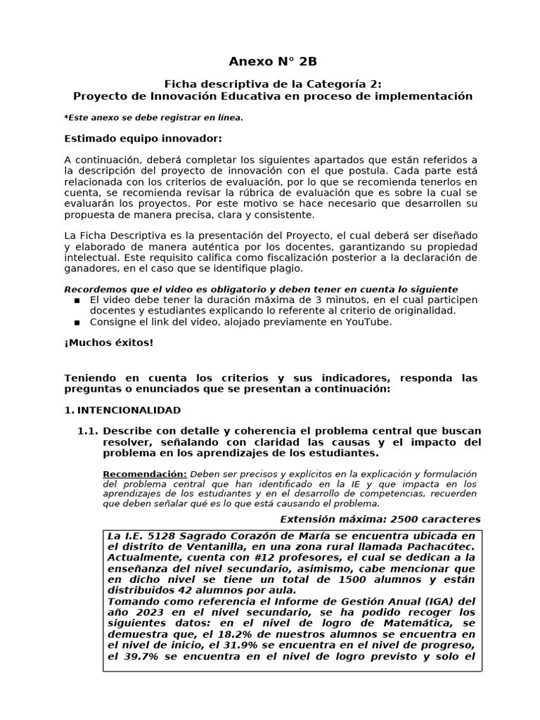 Anexo #2B: Ficha Descriptiva de La Categoría 2: Proyecto de Innovación Educativa en Proceso de ...