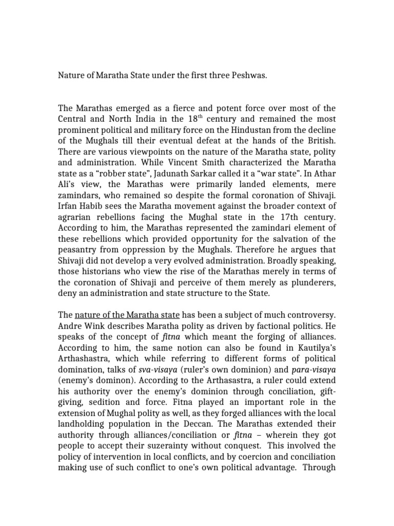 Nature of The Maratha State Under The First Three Peshwas | PDF