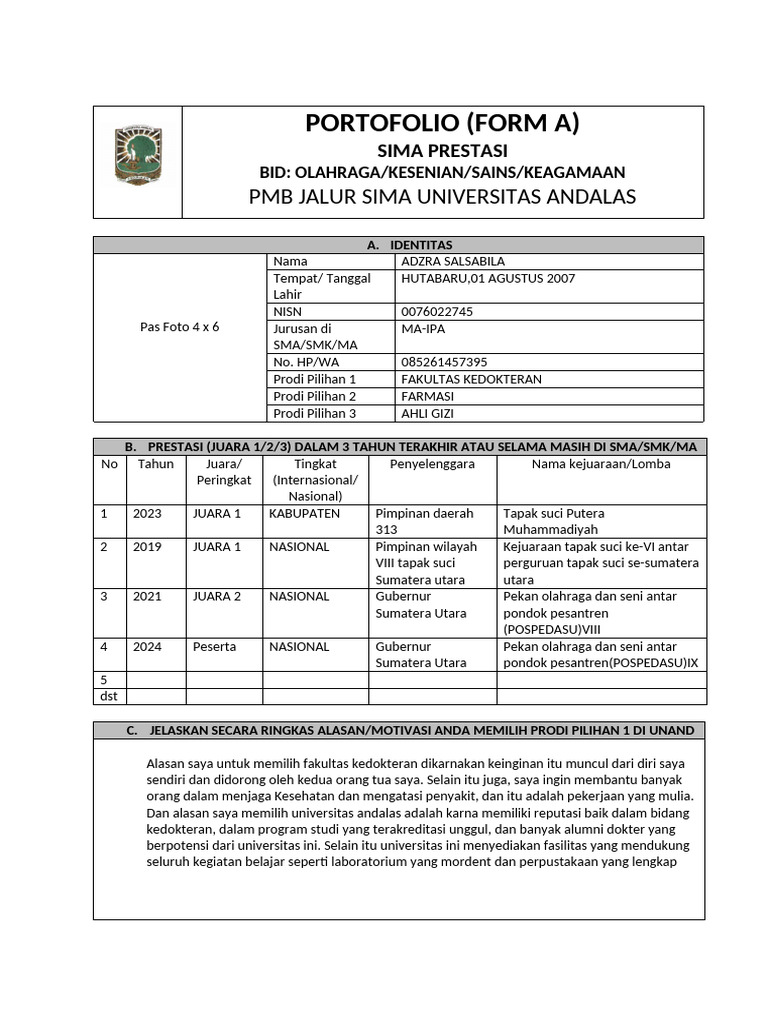 Form A Portofolio Sima Prestasi 2025 1 | PDF