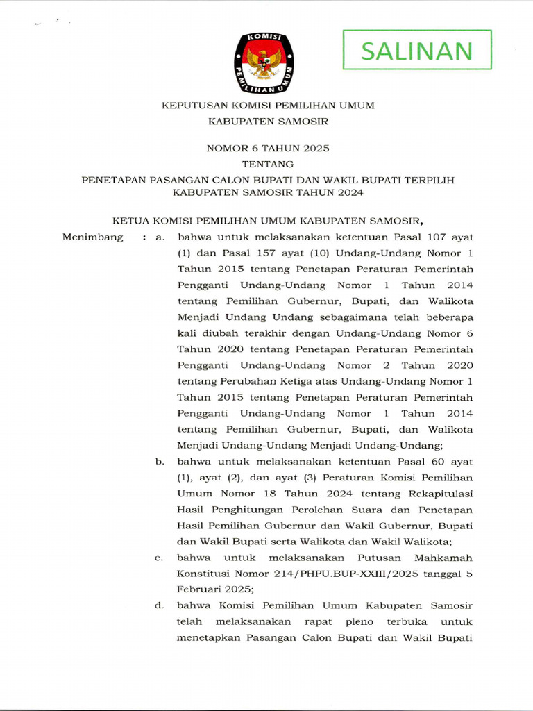 Bupati Dan Wakil Bupati Samosir | PDF