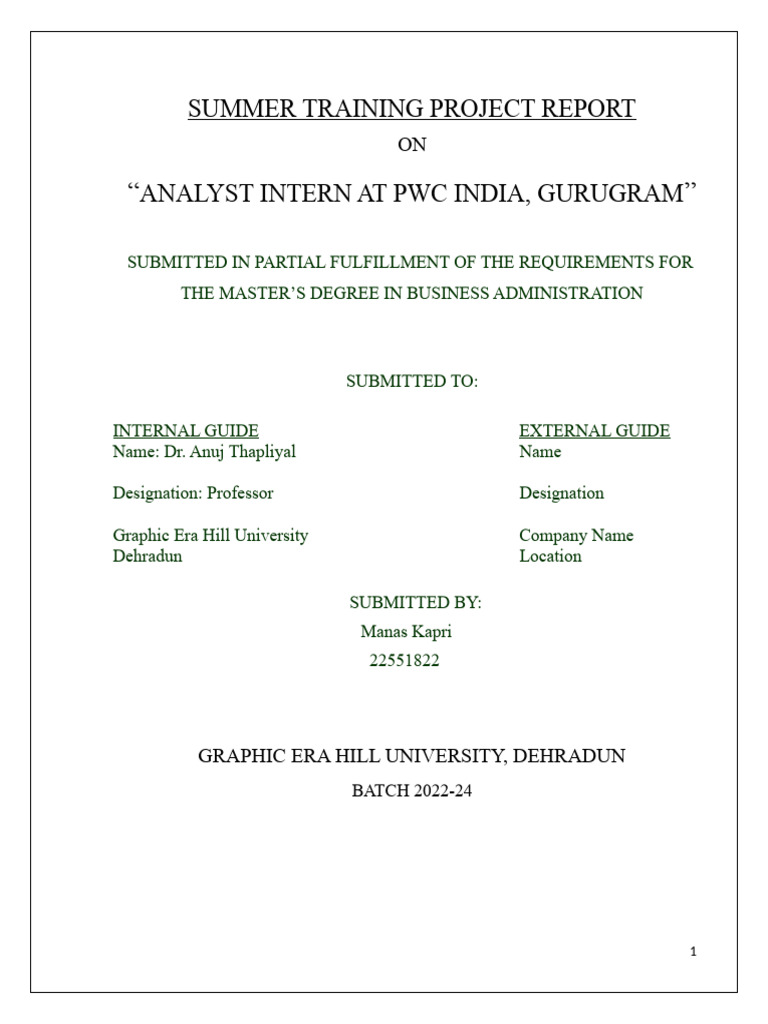 Summer Training Project Report Analyst Intern at PWC India, Gurugram | PDF | Analytics ...