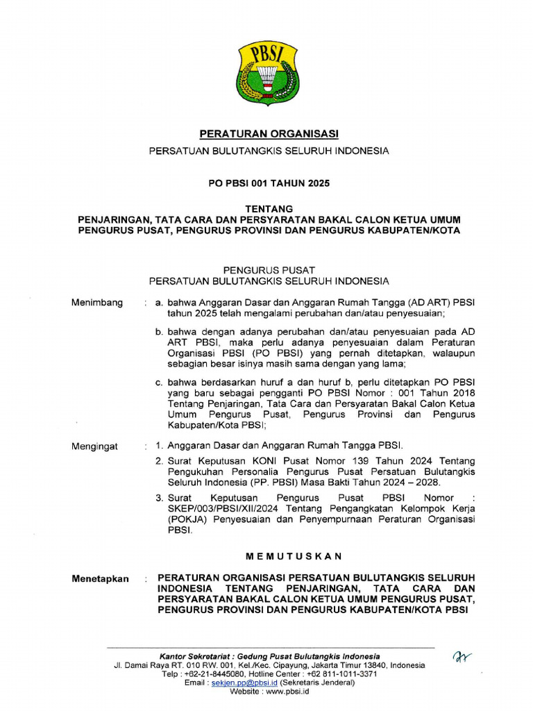 PO PBSI 001 TAHUN 2025 - Penjaringan, Tata Cara Dan Persyaratan Bakal Calon Ketum PP, Pengprov ...