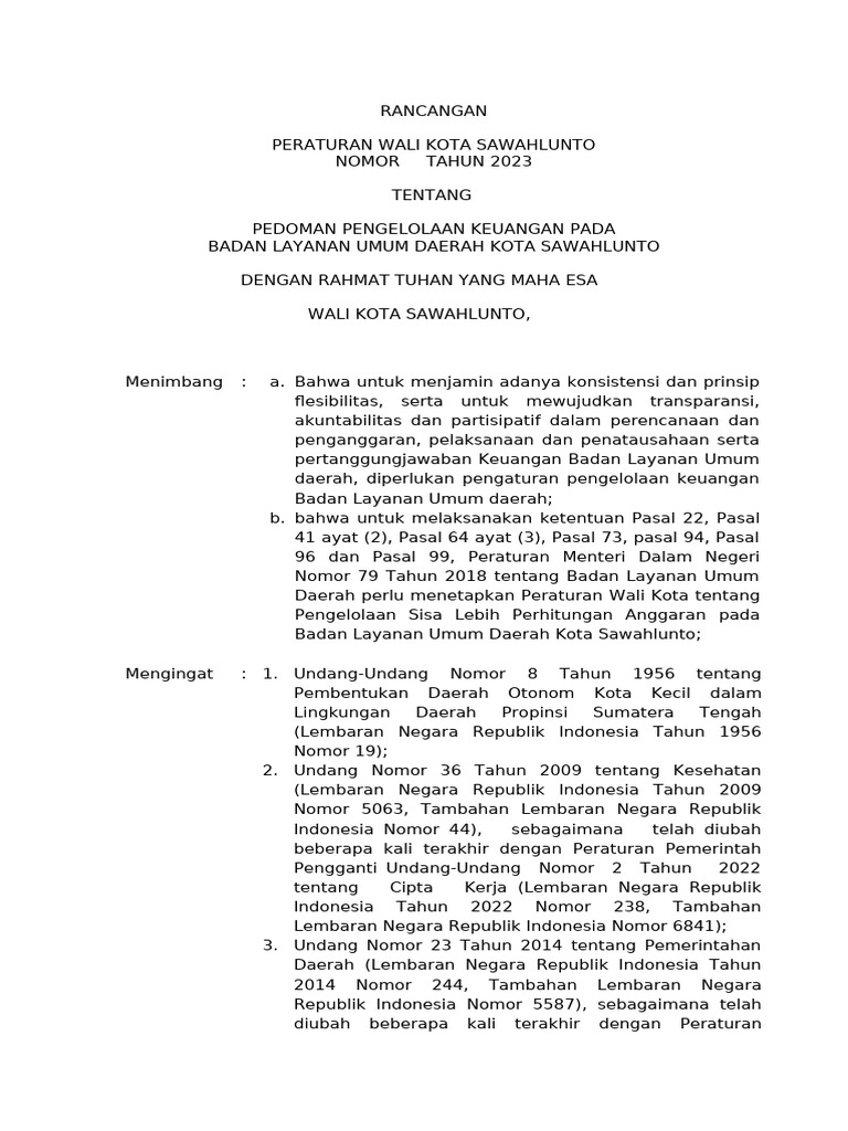 Draft RANC PERWAKO Pengelolaan Keuang BLUD Pembahasan 05 Des 2023 | PDF