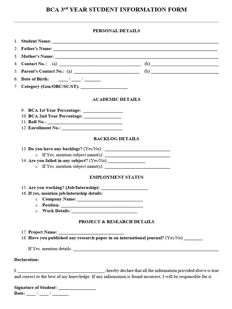 BCA 3rd YEAR STUDENT INFORMATION FORM-1 | PDF