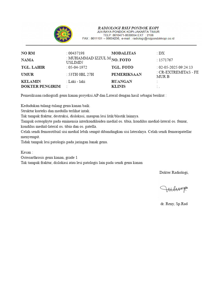 Hasil Radiologi Genu Kanan Muhammad Izzul | PDF