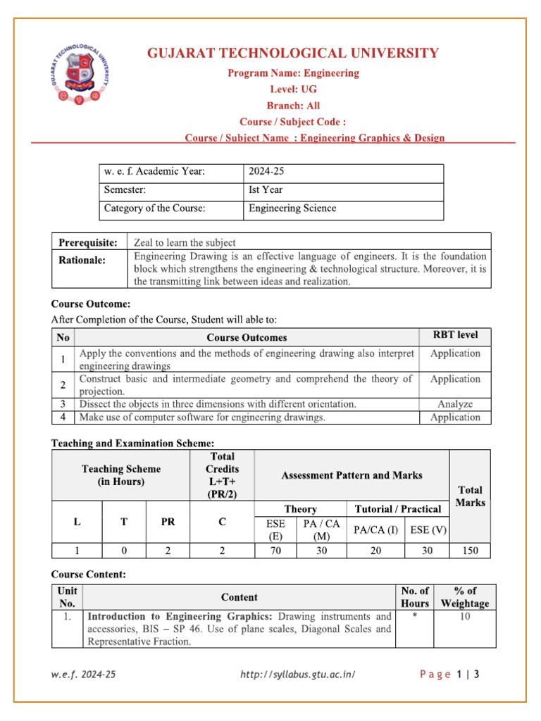 EGD (Engineering Graphics Design) Syllabus | PDF