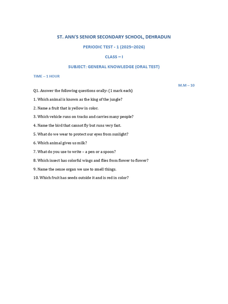 Class 1 GK Oral Test | PDF