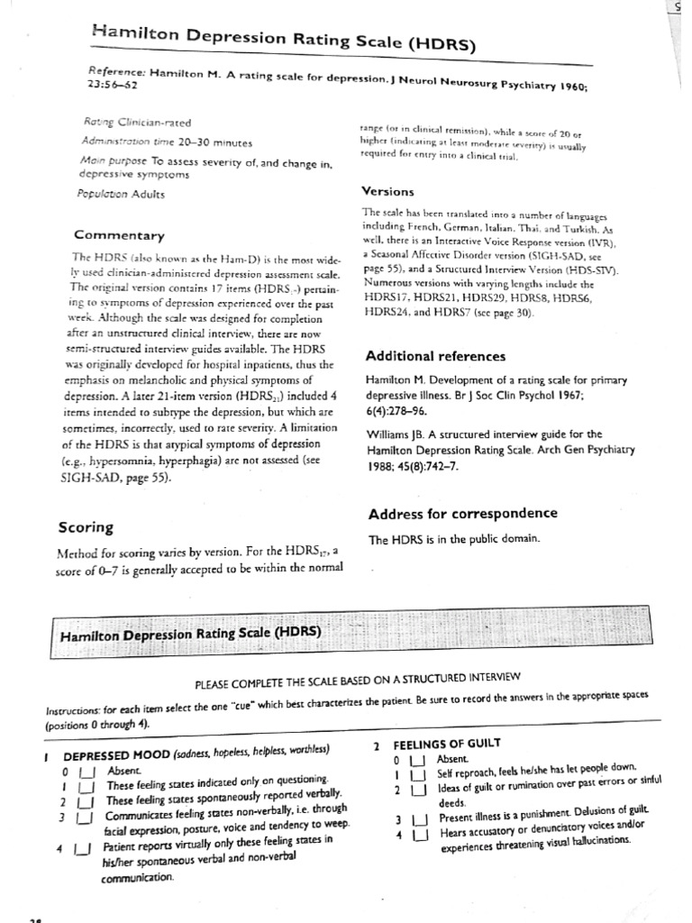 Hamilton Depression Rating Scale | PDF