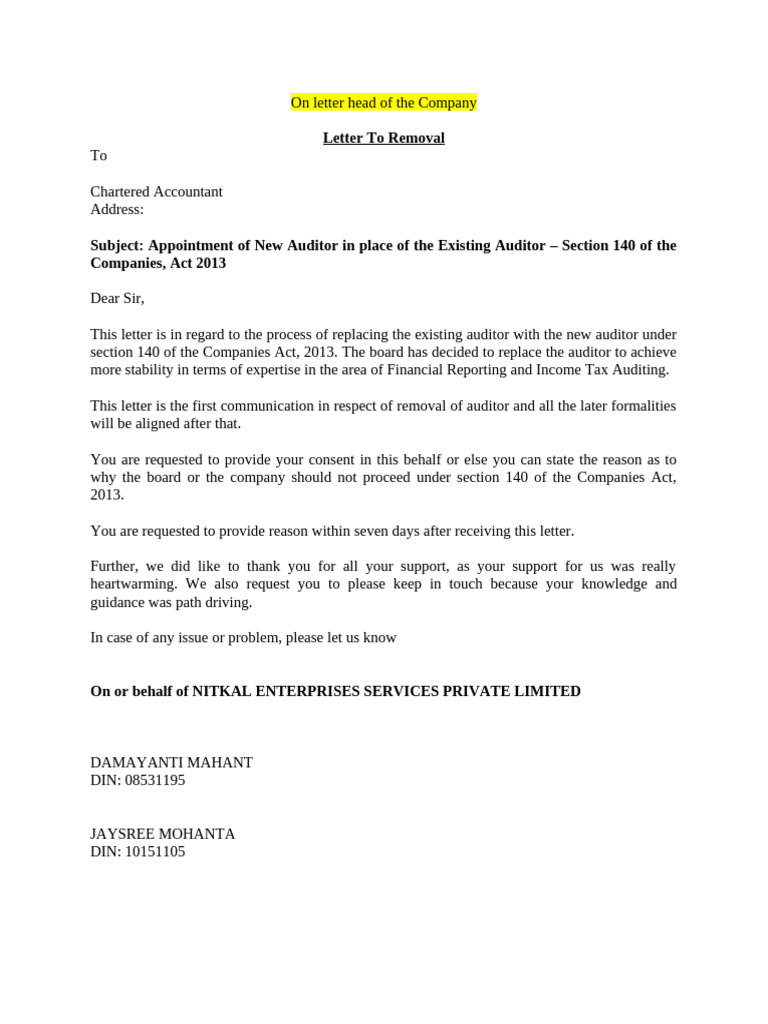 Intimation To Auditor | PDF