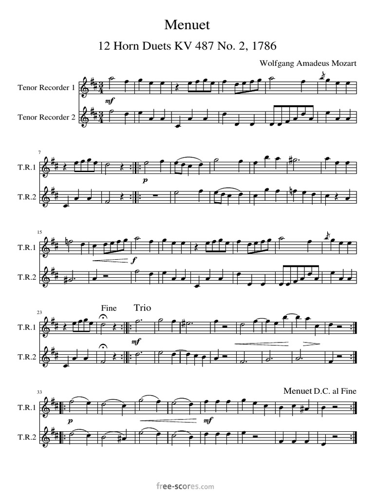 (Free Scores - Com) - Mozart Wolfgang Amadeus Menuet Tenor Recorders Major 1562 133921 | PDF ...
