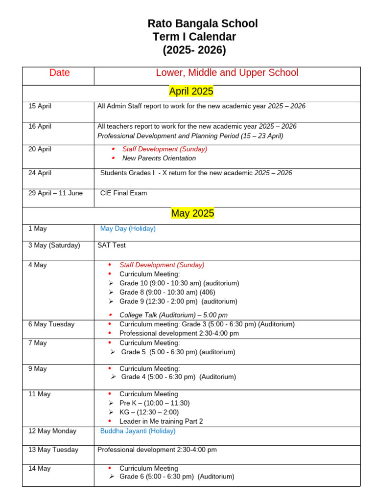 Revised Term 1 Calendar 2025 2026 | PDF | Educational Stages