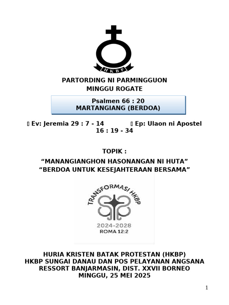Acara Ibadah Minggu Rogate, 25 Mei 2025 (Bahasa Batak Toba) | PDF