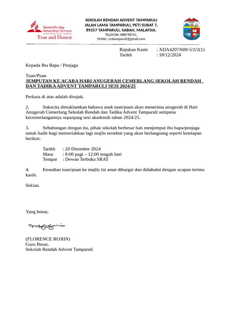 SEKOLAH RENDAH ADVENT TAMPARULI Surat Jemputan HAC | PDF