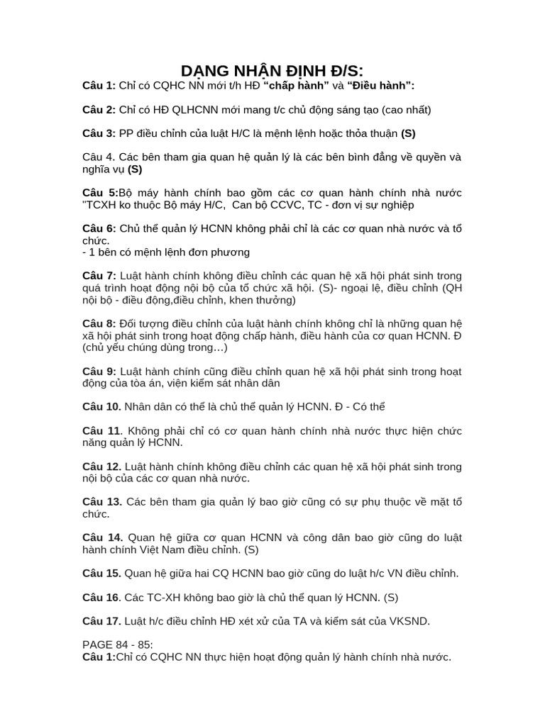 DẠNG câu hỏi: NHẬN ĐỊNH Đ/S luật H/C | PDF