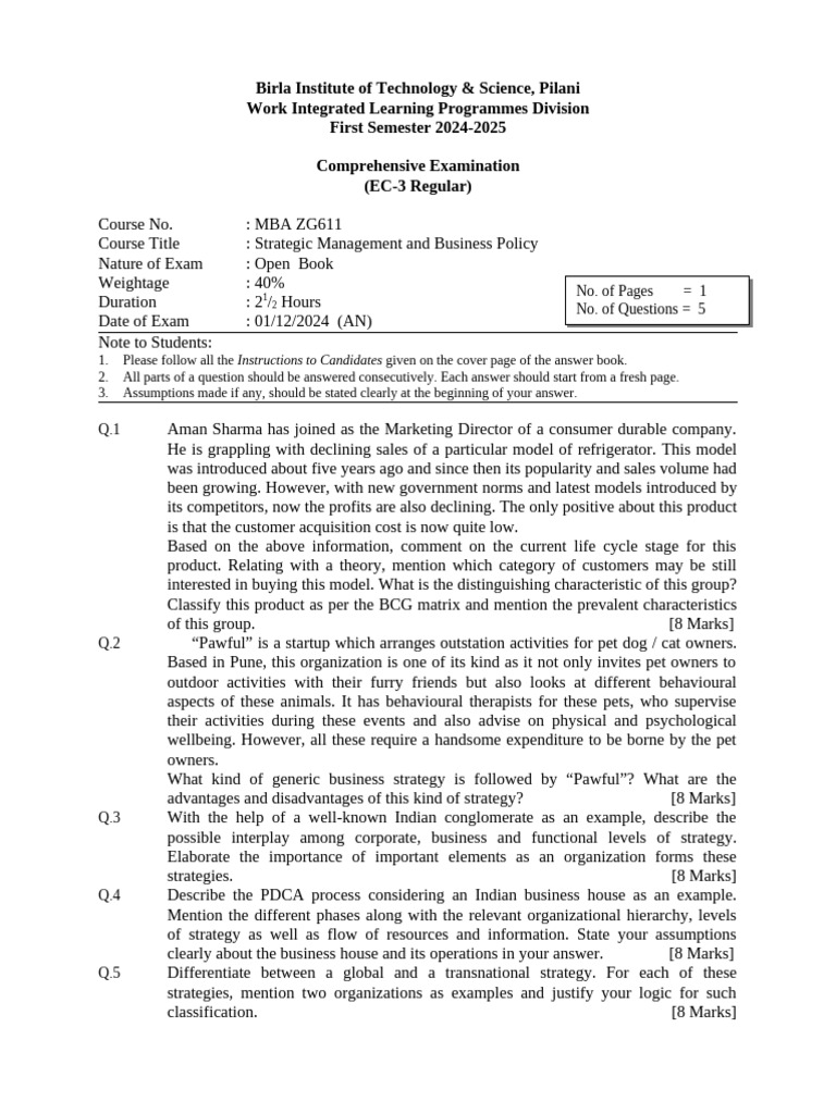 Mba ZG611 Ec-3r First Sem 2024-2025 | PDF | Strategic Management | Business