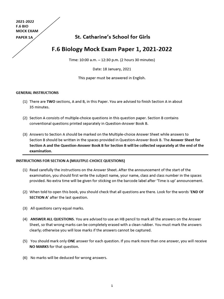 SCSG BIO FORM 6 MOCK 2122 Paper 1A | PDF | Nerve | Photosynthesis