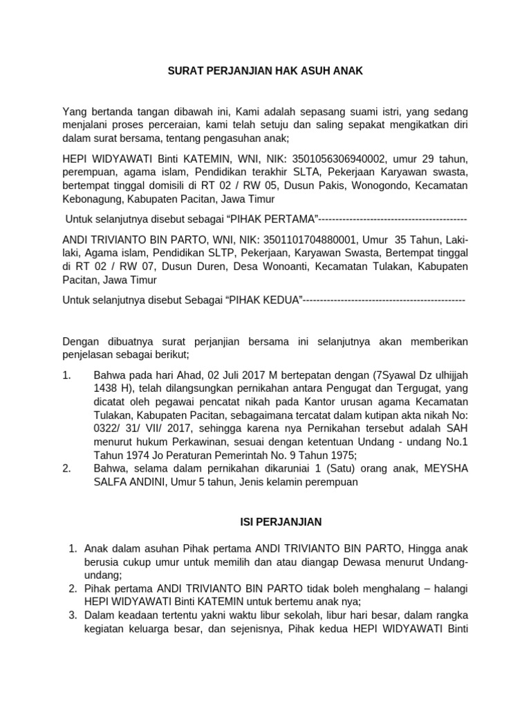 Hepy, Surat Perjanjian Hak Asuh Anak | PDF
